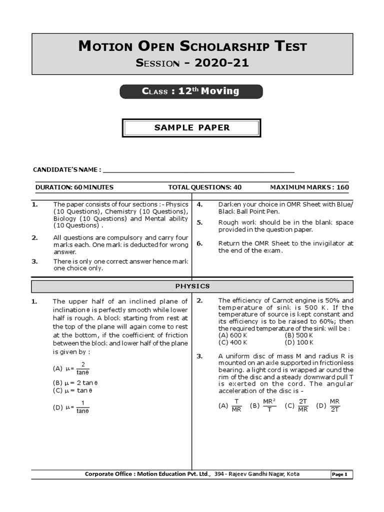 Motion Open Scholarship Test 2020-21 | PDF | Heart | Velocity