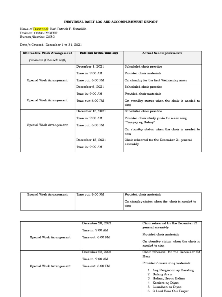 December 2021 Accomplishment Report Estudillo | PDF | Choral Music ...