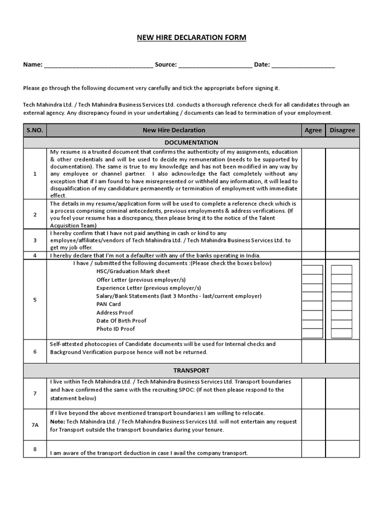 New Hire Declaration Form: Name: - Source: - Date | PDF | Employment ...