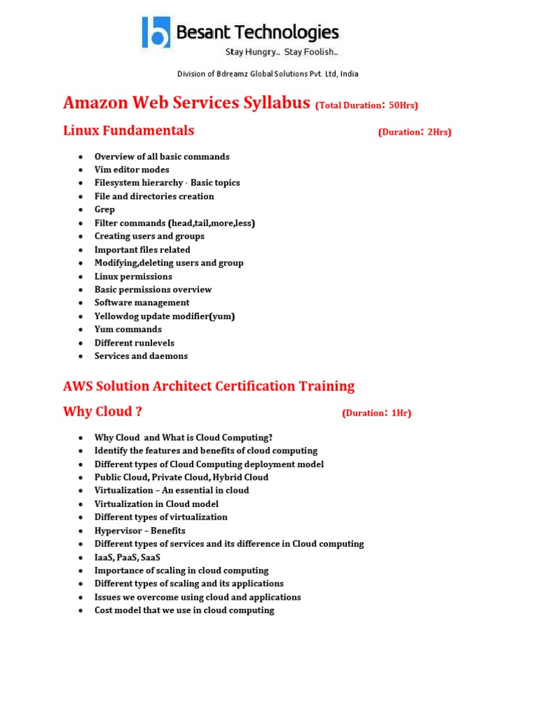 AWS Solution Architect Syllabus - by Murali P N, Besant Technologies | PDF | Cloud Computing ...