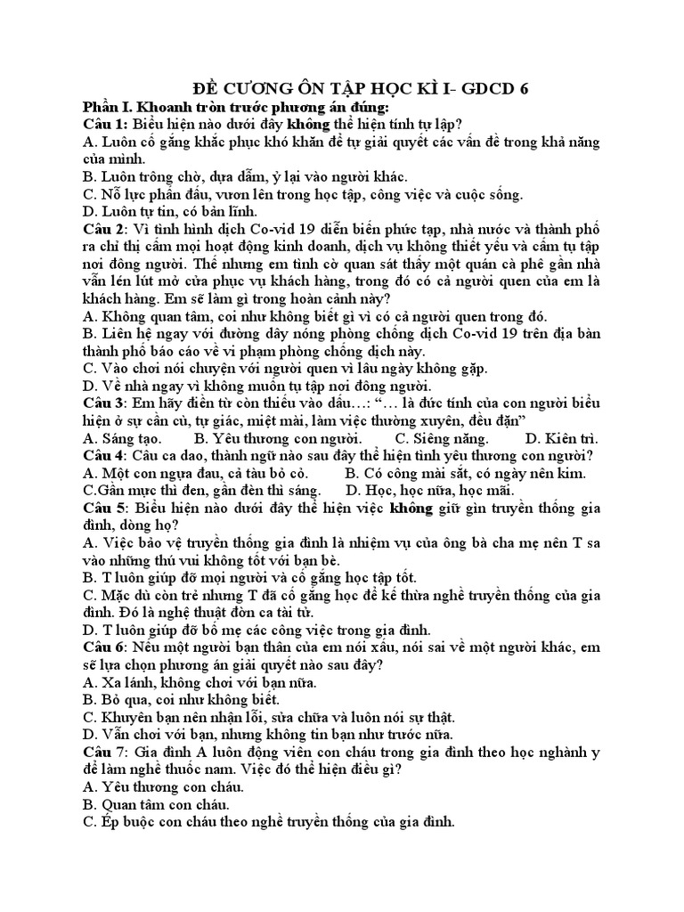 Đề Cương Ôn Hk1 GDCD 6 | PDF