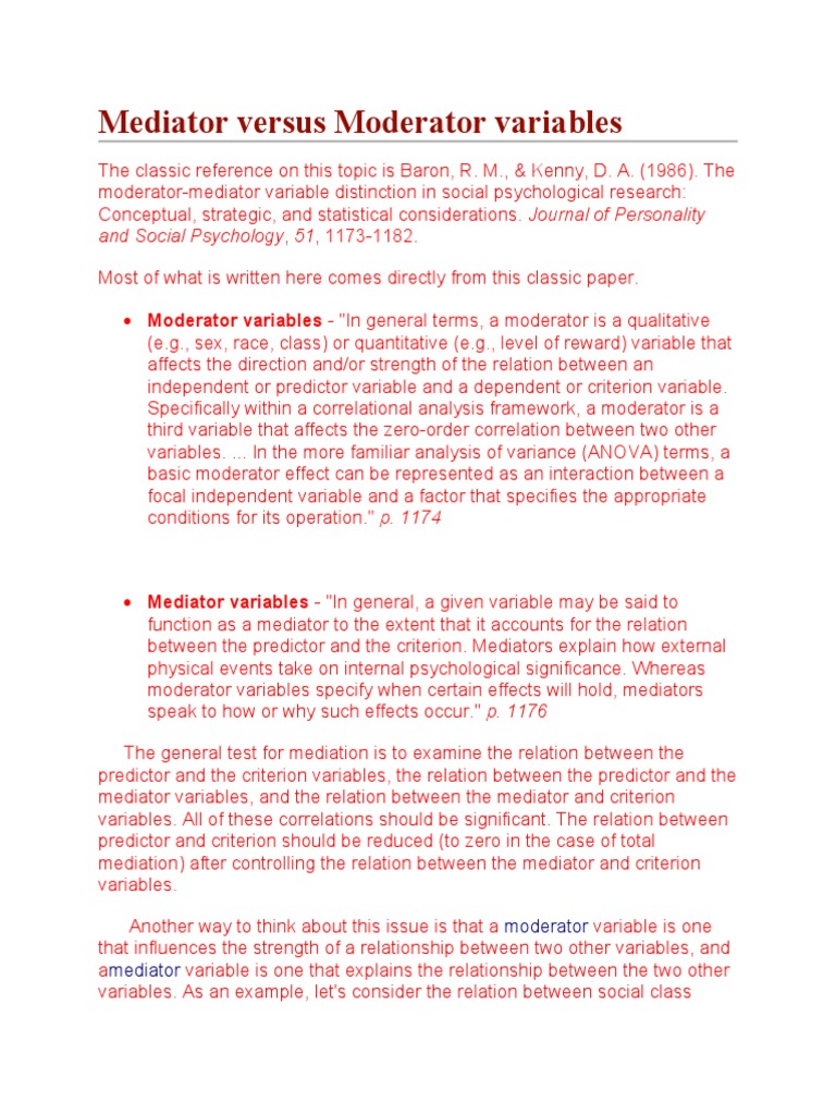 Mediator Versus Moderator Variables | PDF | Statistical Models ...