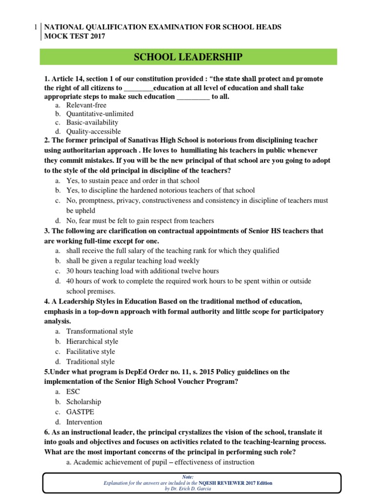 Mock Test, National Qualification Examination For School Heads | PDF ...