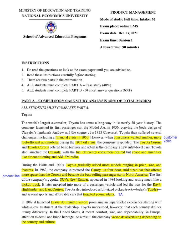FINAL Exam Product Management AEP Autumn 14.12.2021 | PDF | Toyota ...