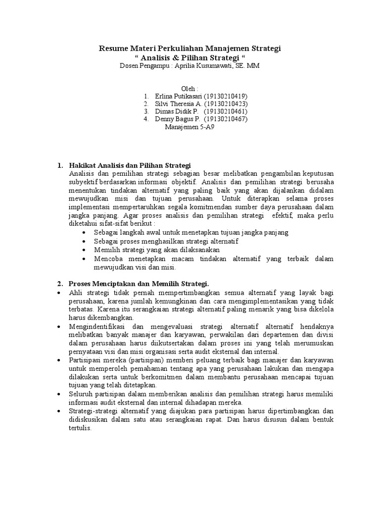 Resume Analisis & Pemilihan Strategi Kel 3 MNJ Strategi | PDF