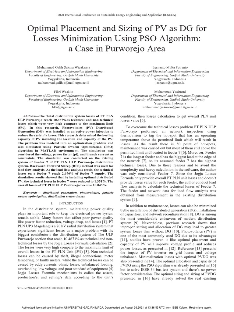 Optimal Placement and Sizing of PV As DG For Losses Minimization Using PSO Algorithm A Case in ...