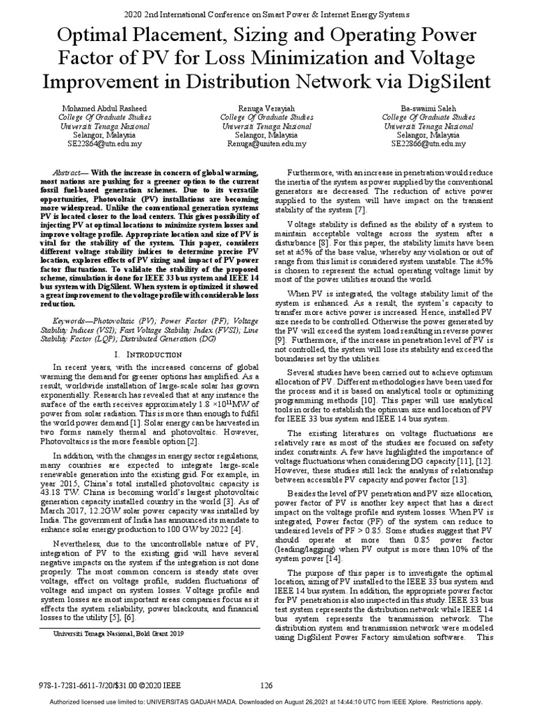 Optimal Placement Sizing and Operating Power Factor of PV For Loss Minimization and Voltage ...