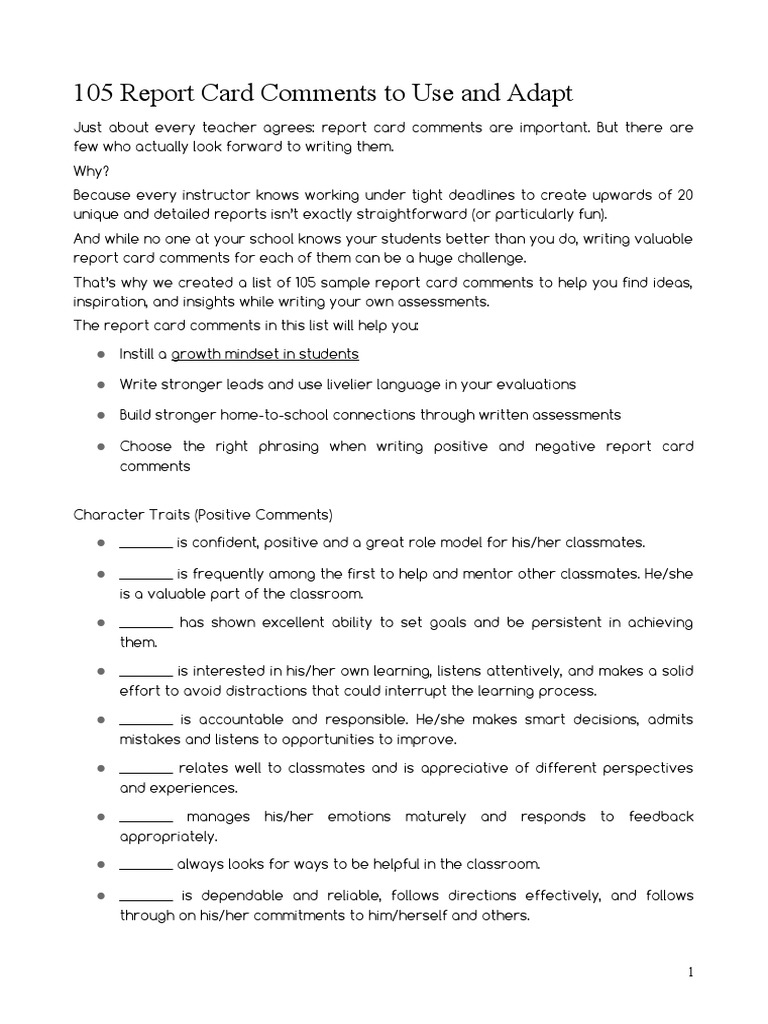 105 Sample Report Card Comments | PDF | Reading Comprehension | Psychology