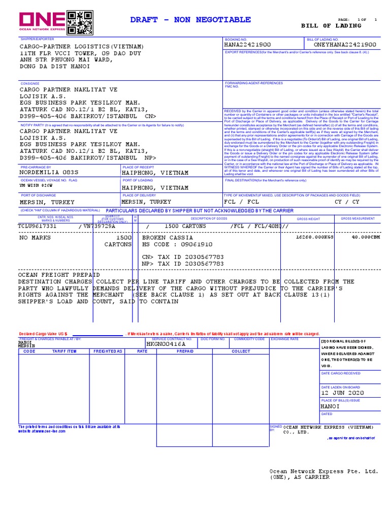 Draft - Non Negotiable: Bill of Lading | PDF | Bill Of Lading | Cargo