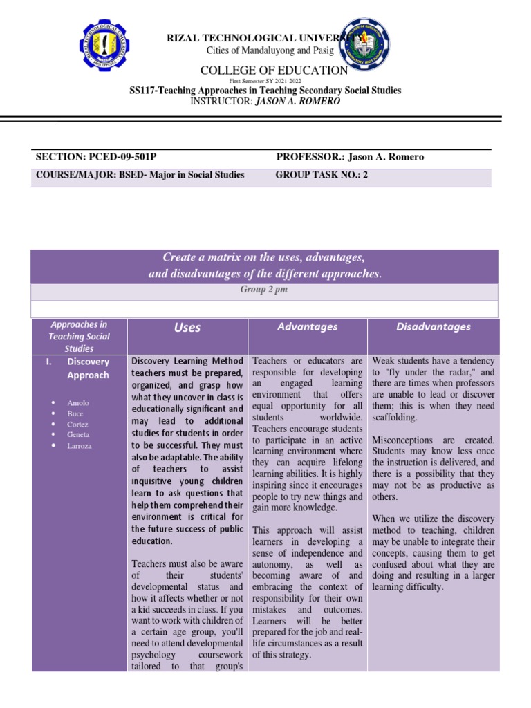 Group Work 2. Matrix of Different Teaching Approaches | PDF ...