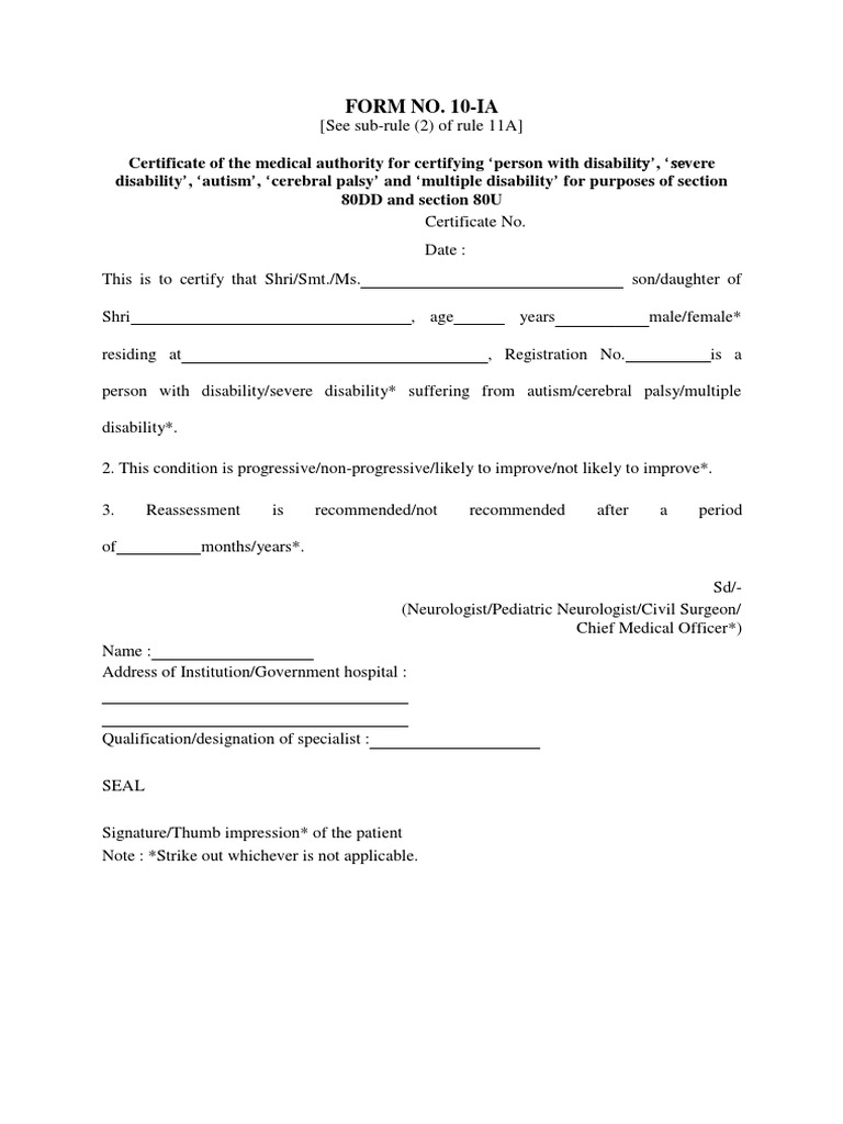 Form 10-IA Disability Certificate Template | PDF | Finance & Money ...