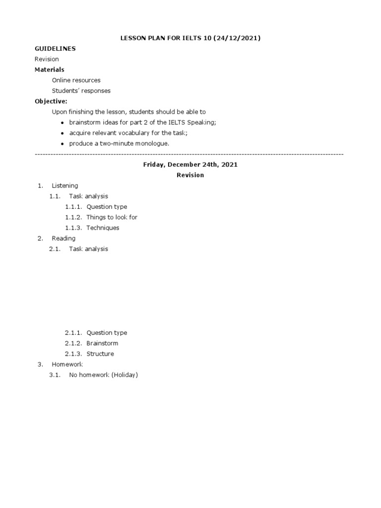 Lesson Plan For Ielts 10 (24!12!21) | PDF