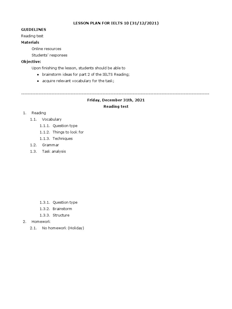 Lesson Plan For Ielts 10 (31!12!21) | PDF