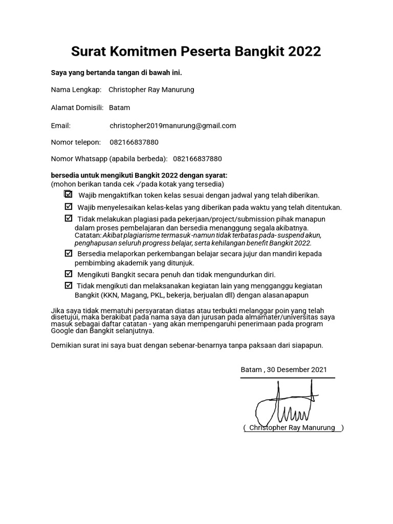 Surat Komitmen Bangkit 2022 | PDF