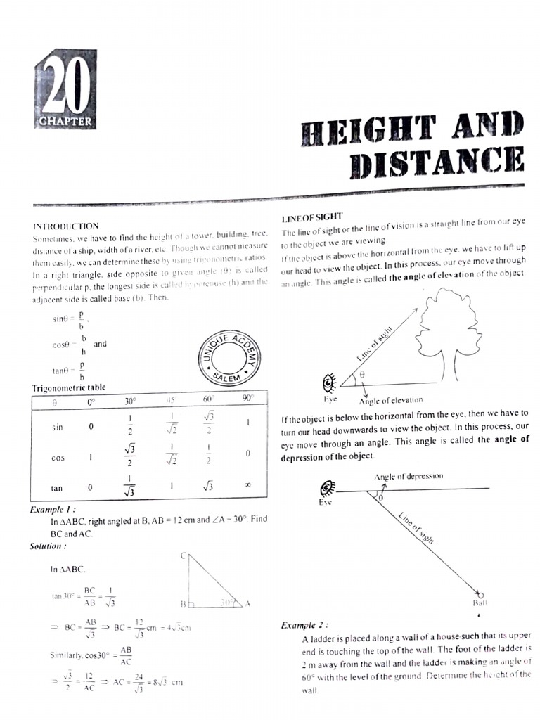 Height and Distance | PDF | Trigonometric Functions | Trigonometry