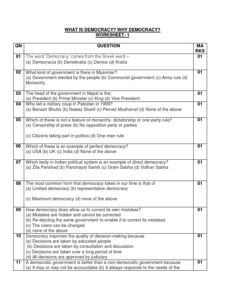 What Is Democracy? Why Democracy? Worksheet-1 QN MA RKS 01 01 | PDF ...
