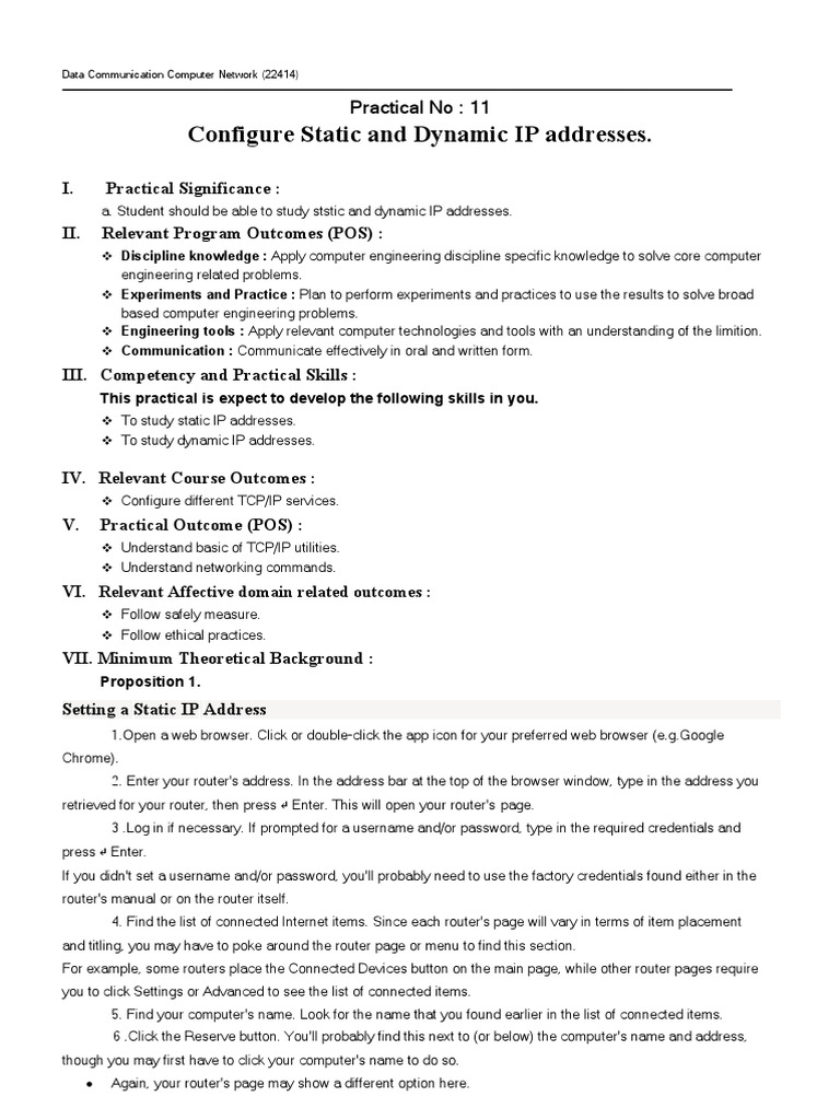 Configure Static and Dynamic IP Addresses.: Practical No: 11 | Download Free PDF | Router ...