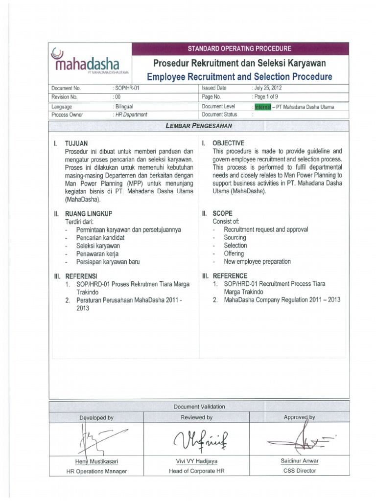 SOP-HR-01 - Recruitment and Selection Procedure | PDF