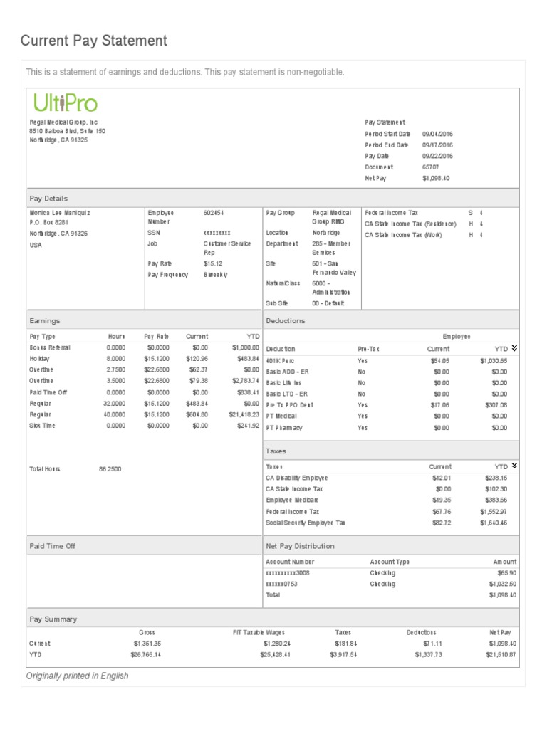 Current Pay Statement: This Is A Statement of Earnings and Deductions ...
