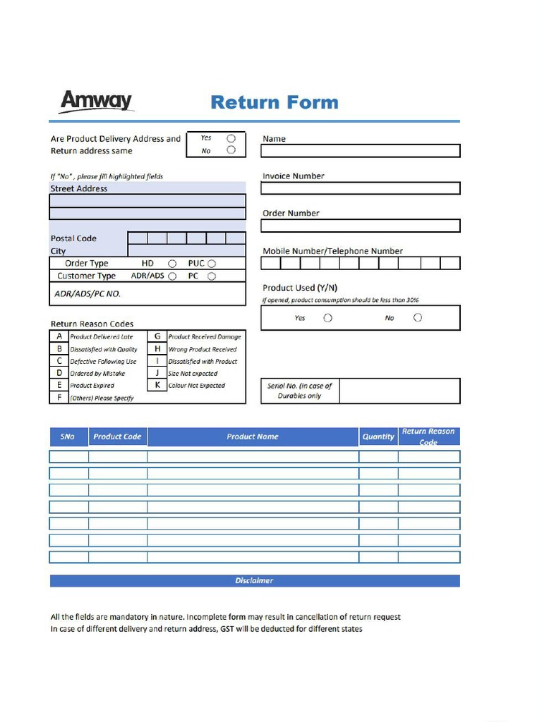 Amway Product Return Form | PDF