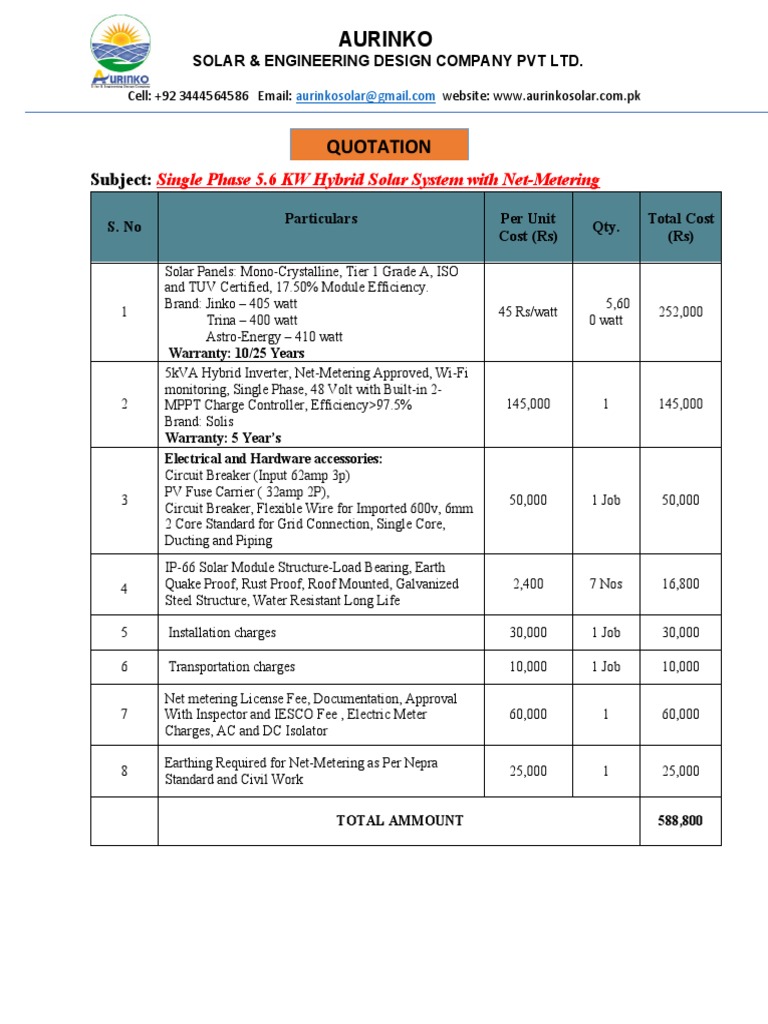 5.6 KW Hybrid Solar System Quotation | PDF | Solar Power | Solar Panel