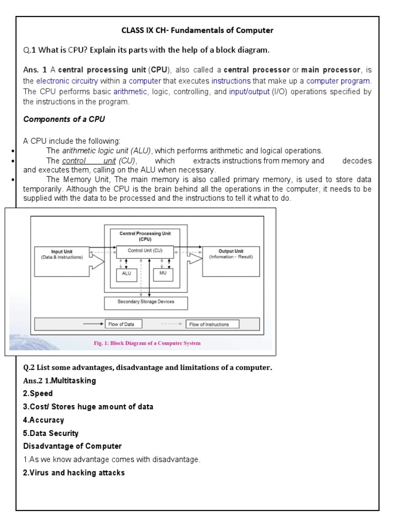 Q.1 What Is CPU? Explain Its Parts With The Help of A Block Diagram ...