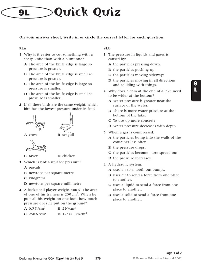 Quick Quiz: Copymaster File 9 | PDF | Pressure | Physical Quantities