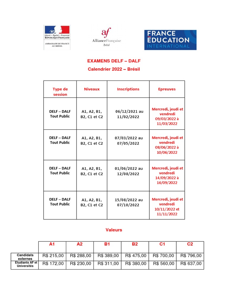 Calendario DELF DALF 2022 | PDF