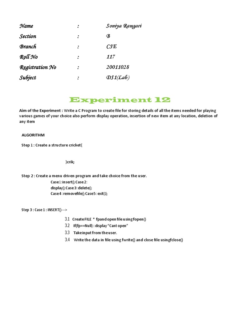 Experiment 12 Name Soniya Rangari Section B Branch Cse Roll No 117 Registration No 