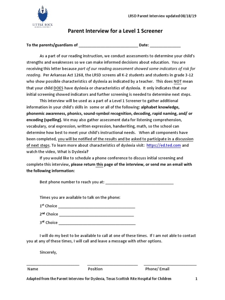 Parent Interview For Level 1 Screener | PDF | Dyslexia | Behavior ...