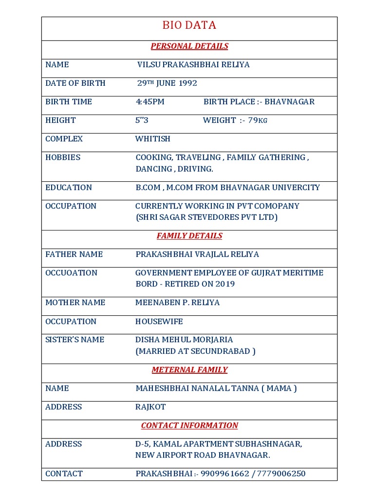 Bio Data: Personal Details | PDF