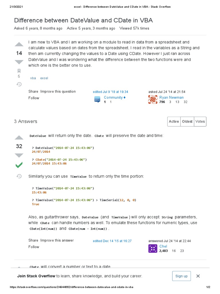 The difference between DateValue and CDate functions in VBA for converting strings and numbers ...