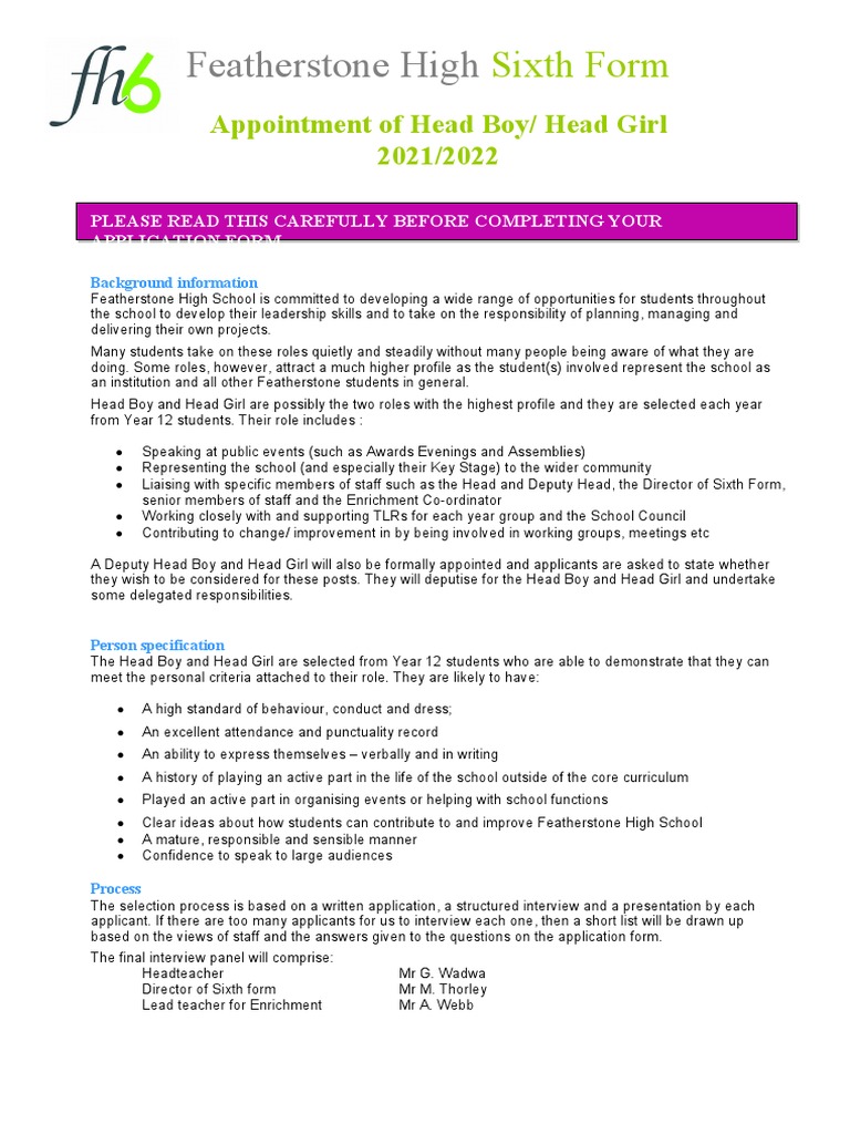 Head Boy and Girl Final Application Form | PDF | Cognition | Communication