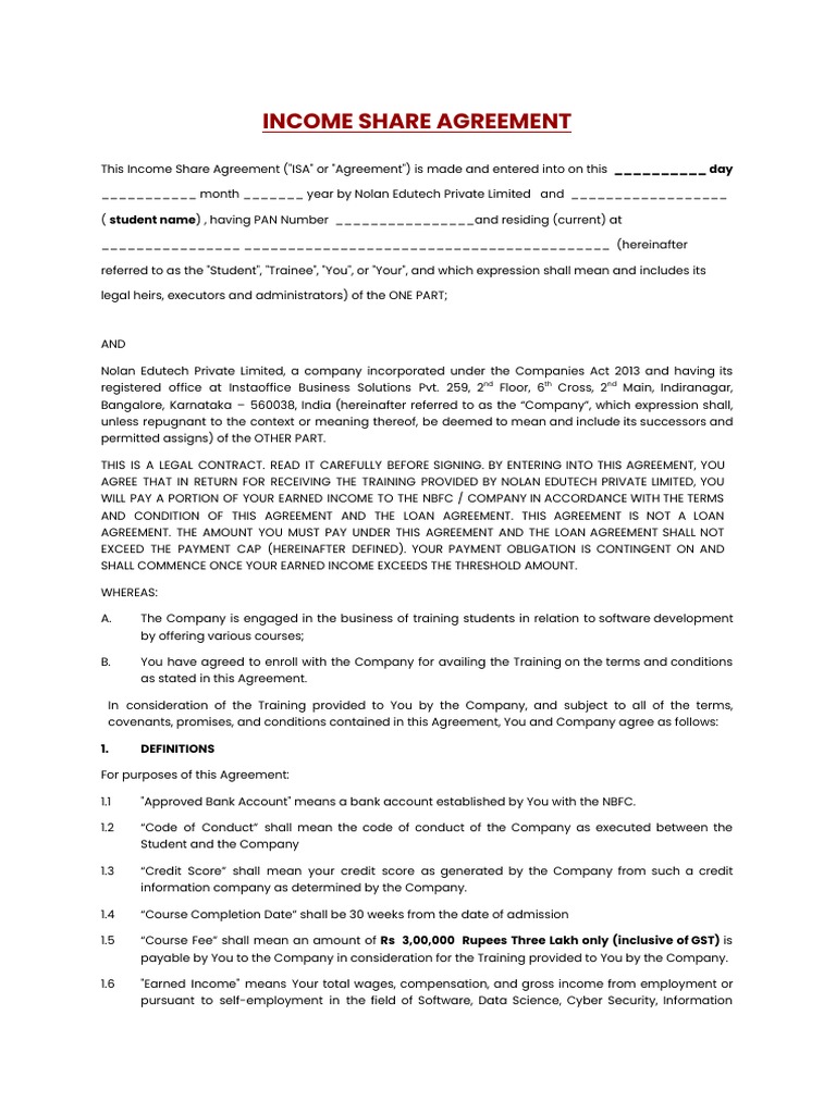 Income Share Agreement: 1. Definitions | PDF | Loans | Payments