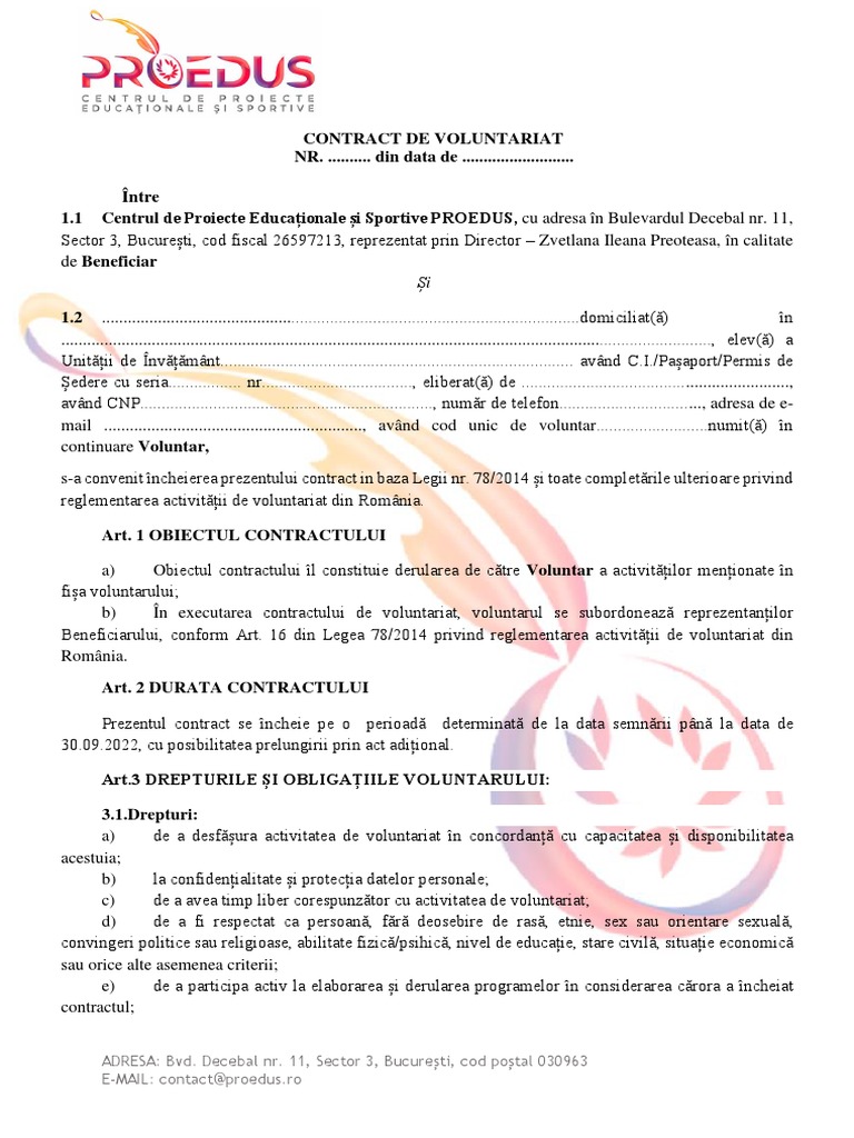 Contract de Voluntariat Si Fisa Voluntarului 2021-2022 | PDF