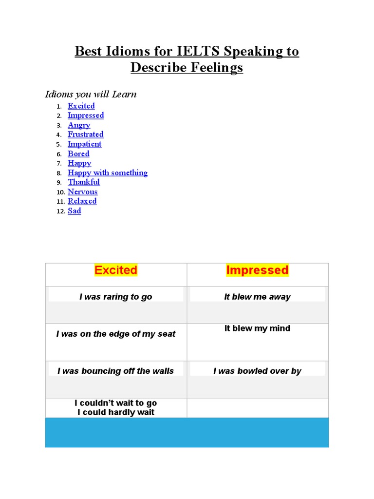 Best Idioms For IELTS Speaking To Describe Feelings | PDF