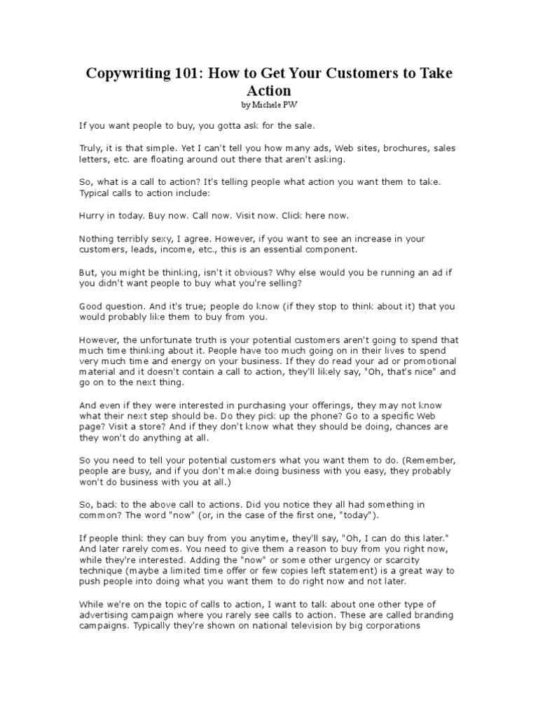 Copywriting 101: How To Get Your Customers To Take Action | Download Free PDF | Direct Marketing ...