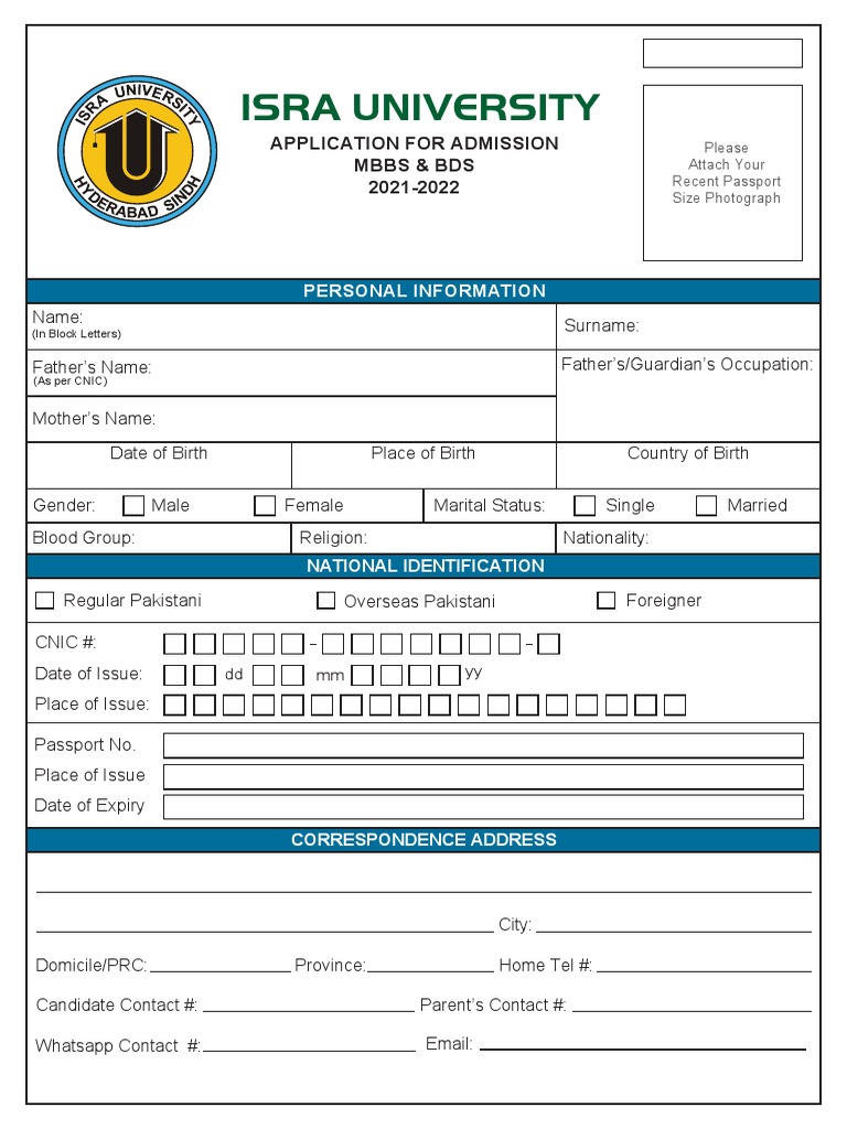 Isra University MBBS & BDS Admission Form | PDF | University And ...
