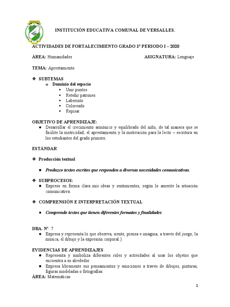 Guia 1 Actividades Grado 1 | Descargar gratis PDF | Color | Aprendizaje