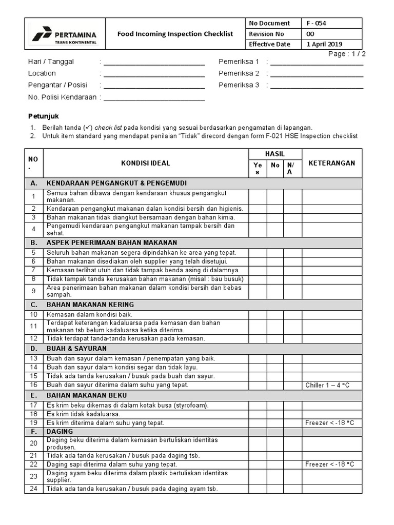 Checklist Inspeksi Penerimaan Makanan | PDF