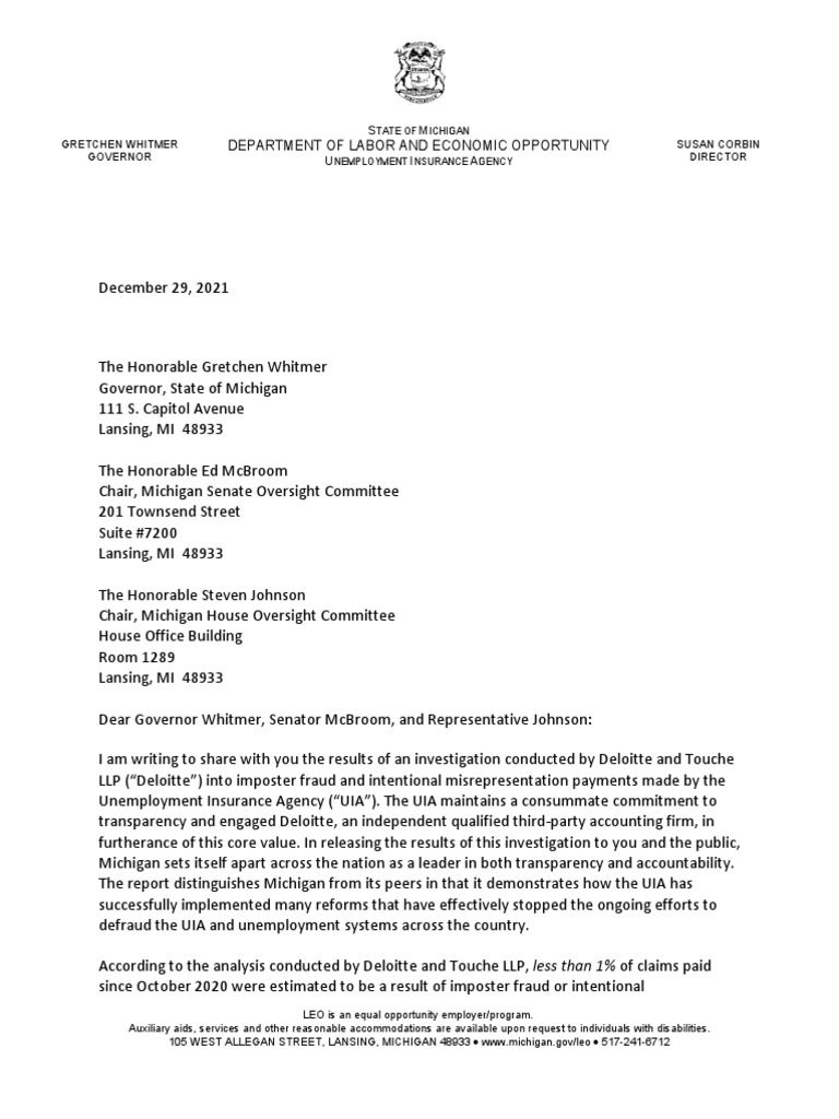2021 Report Letter | PDF | Fraud | Unemployment Benefits