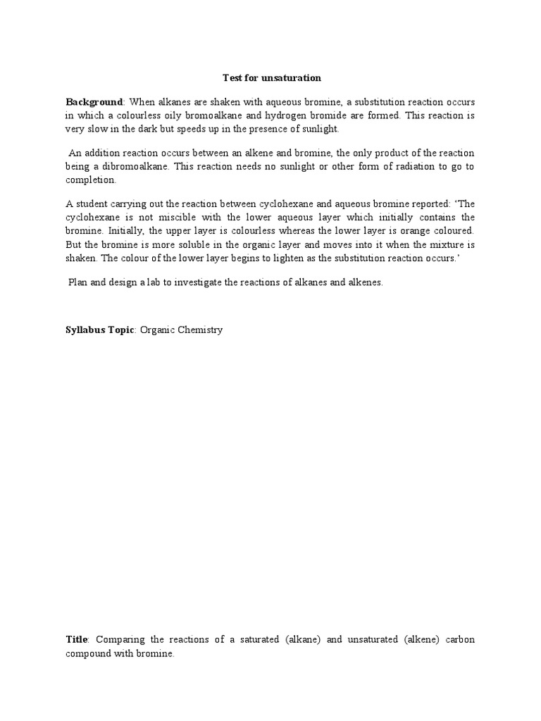 Test For Unsaturation | PDF | Alkene | Chemical Reactions