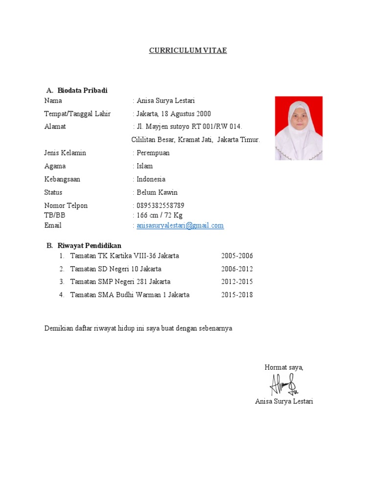 Curriculum Vitae (CV) Anisa Surya Lestari | PDF