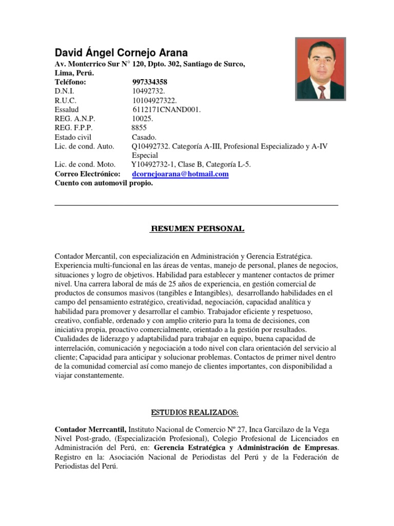 Curriculum Vitae David Cornejo | PDF | Perú | Lima