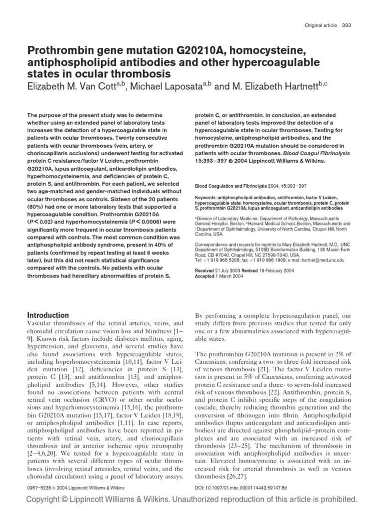 Prothrombin Gene Mutation G20210A, Homocysteine, Antiphospholipid ...