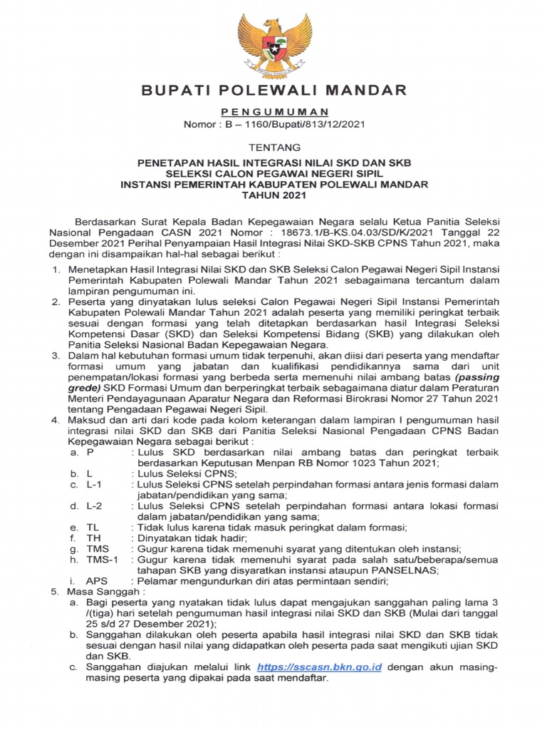 Pengumuman Penetapan Hasil Integrasi Nilai SKD-SKB Cpns Polman 2021 | PDF