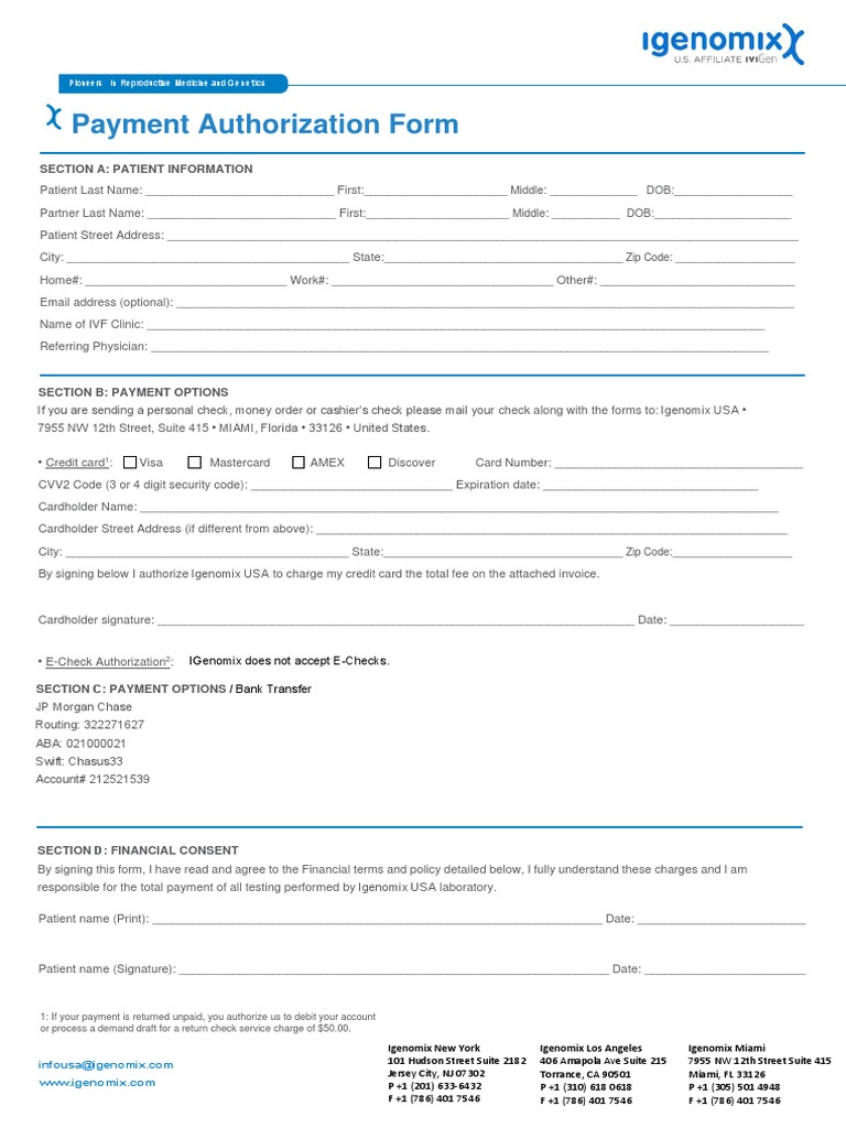 Payment Authorization Form: Section A: Patient Information | PDF ...
