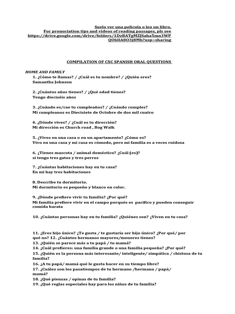 Compilation of CXC Spanish Oral Questions | PDF | Navidad