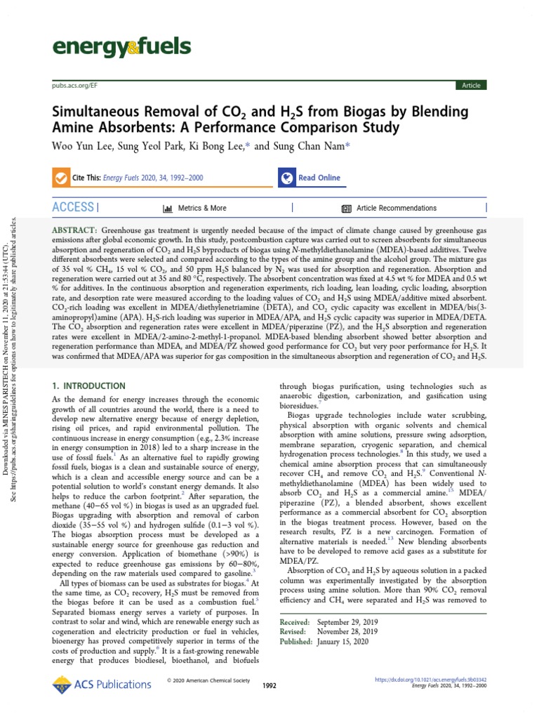 Simultaneous Removal of CO2 and H2S From Biogas by Blending Amine ...