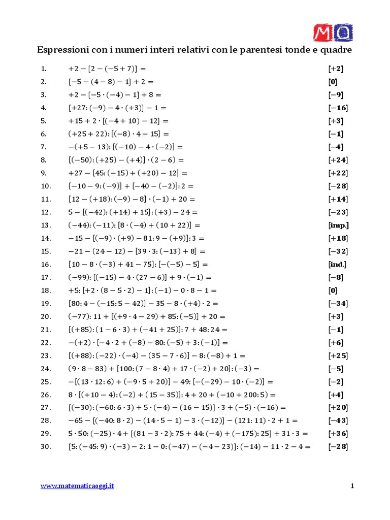 Espressioni Con I Numeri Interi Relativi Con Le Parentesi Tonde e ...
